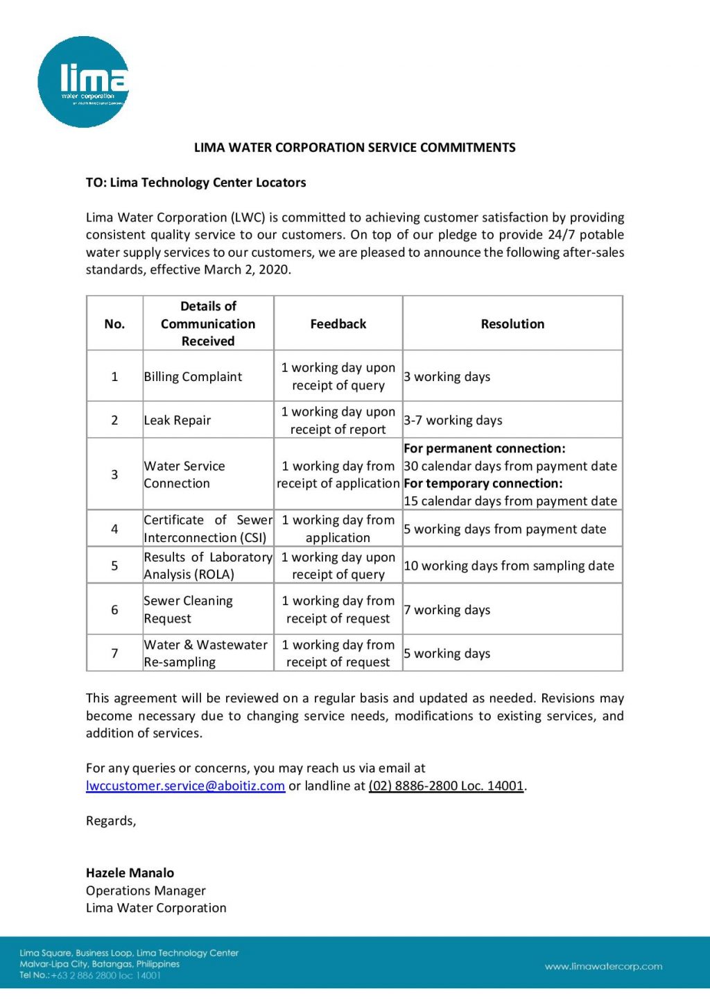 Lima Water Corporation Septage Acceptance Service - LIMA Water Corporation